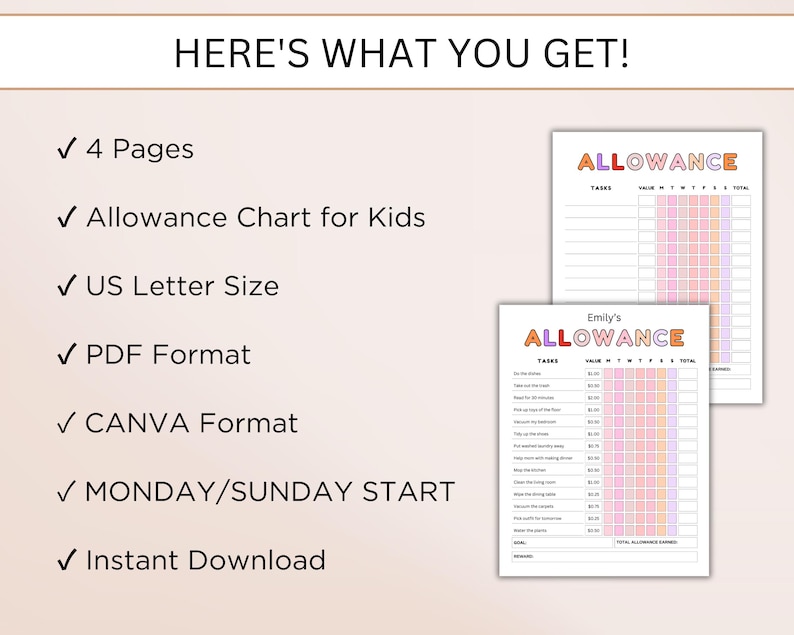 EDITABLE Allowance Chart for Kids. Printable Allowance Chore Chart ...