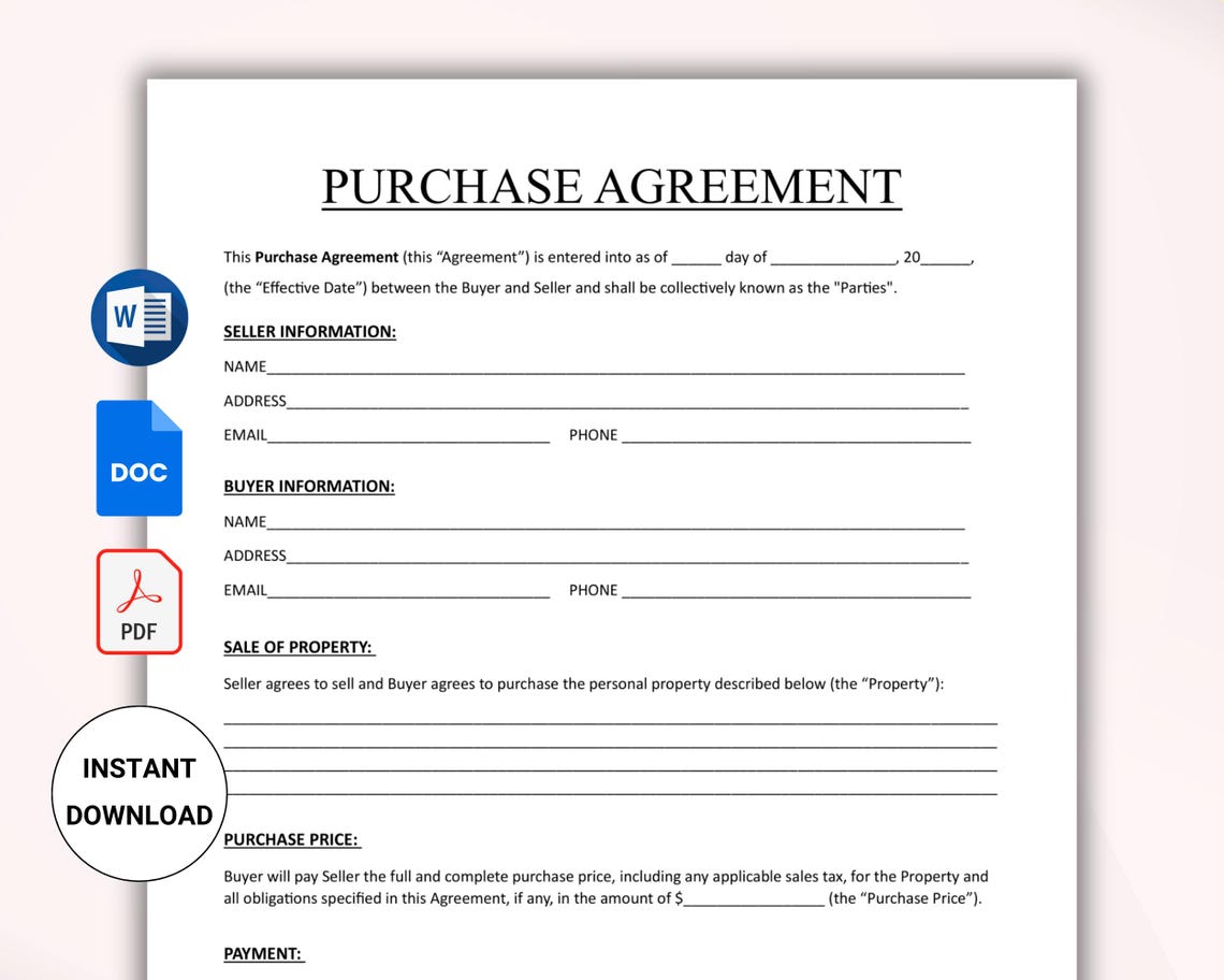 EDITABLE Purchase Agreement Template. Purchase and Sale Contract ...