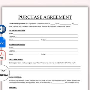 EDITABLE Purchase Agreement Template. Purchase and Sale Contract ...