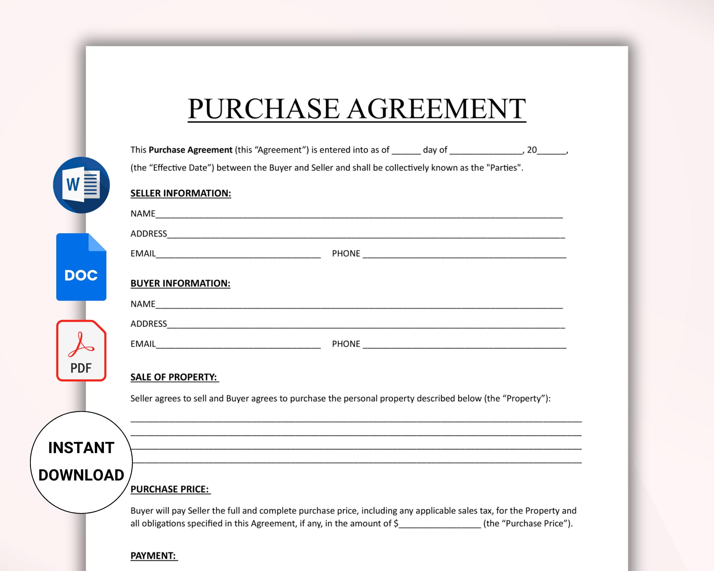 EDITABLE Purchase Agreement Template. Purchase and Sale Contract ...