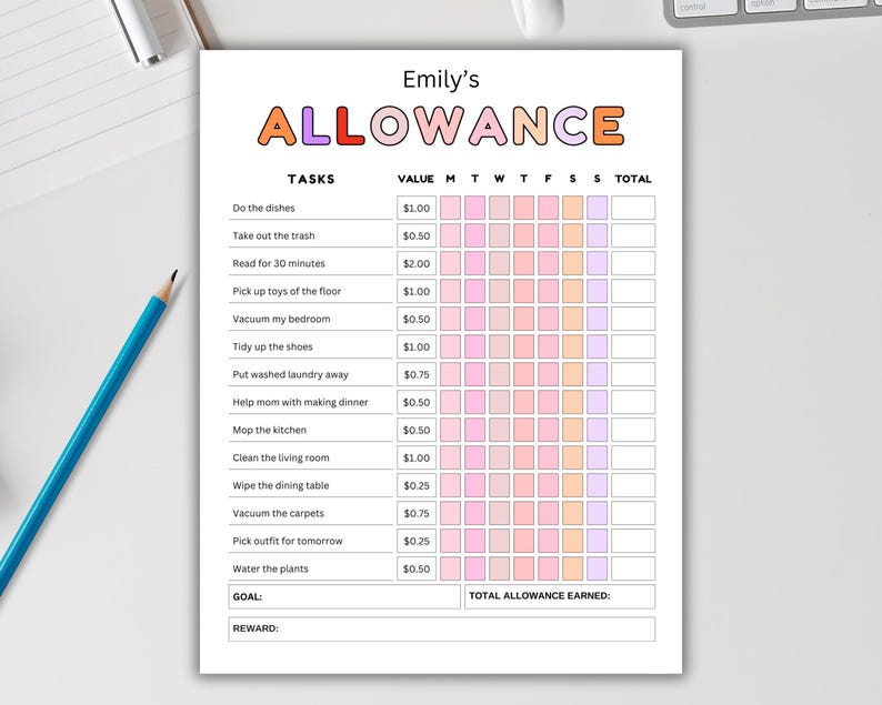 Allowance Chart for Kids. Printable Allowance Chore Chart. Allowance ...