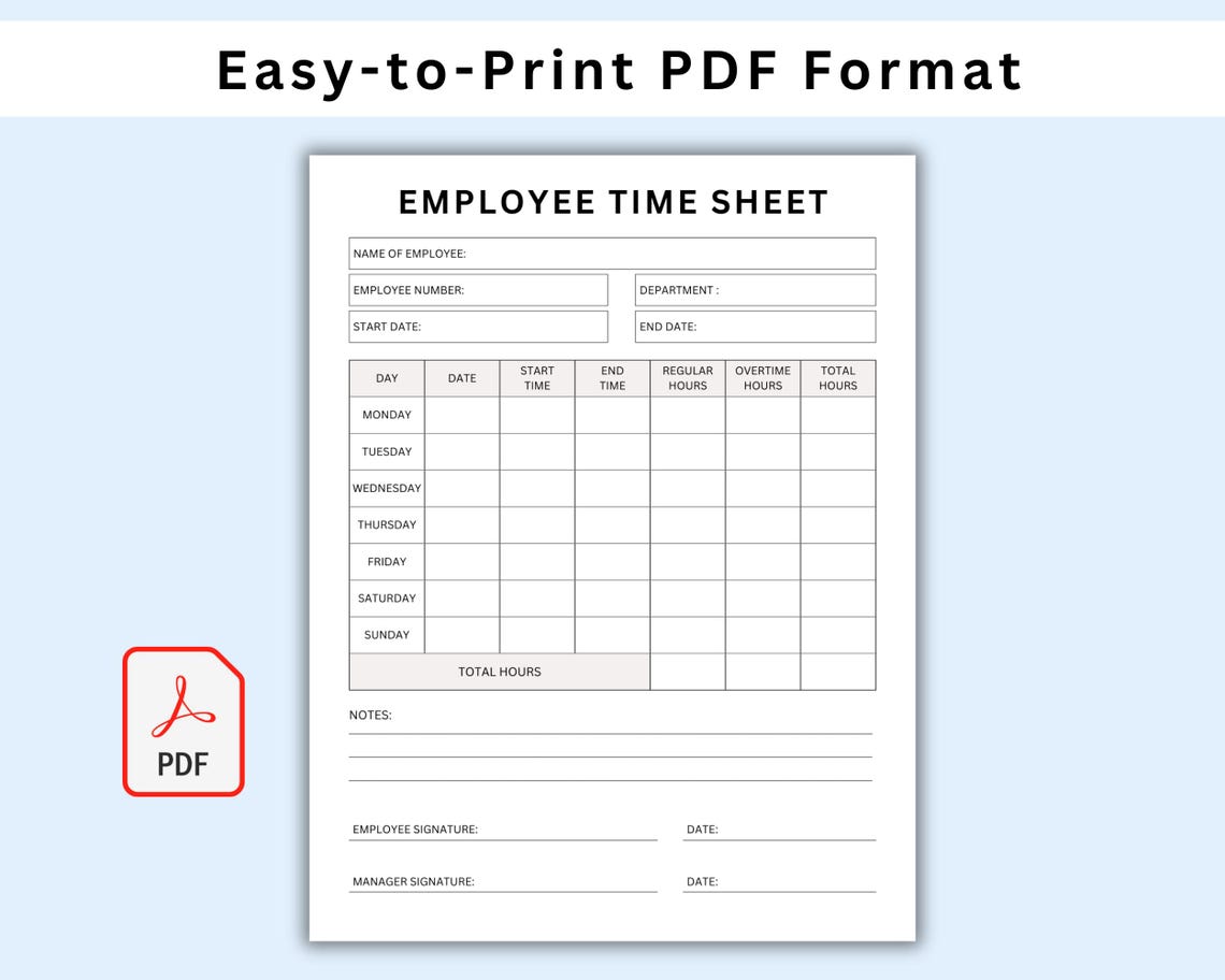 Printable Employee Time Sheet | Weekly Timesheet Template | Staff Work ...