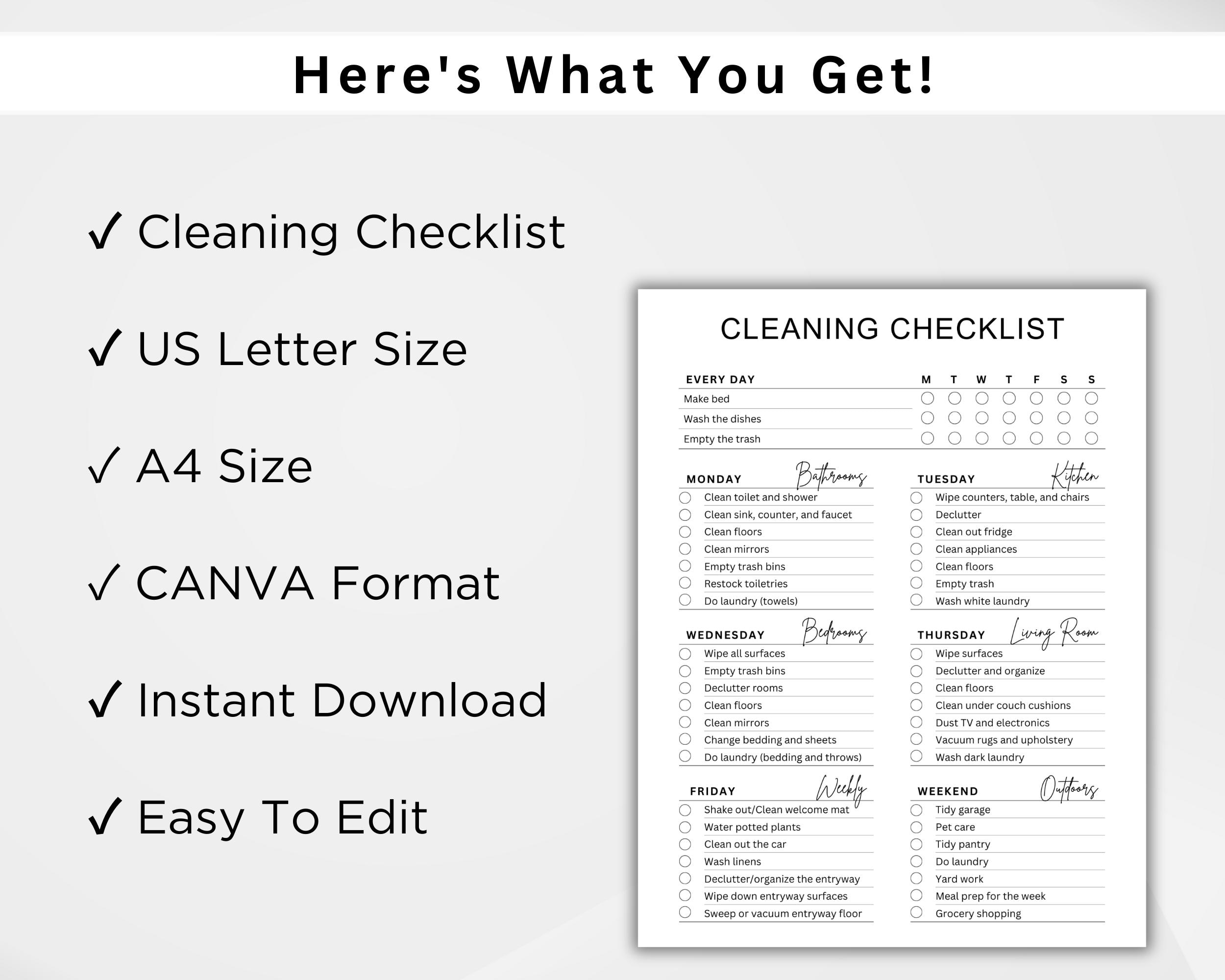 EDITABLE Weekly Cleaning Checklist Cleaning Schedule Printable Cleaning ...