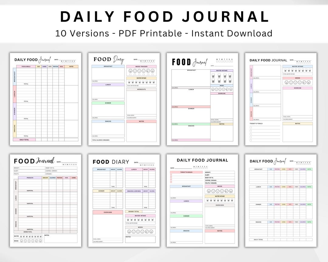 10 Food Diary. Daily Food Journal. Calorie Tracker. Daily Calorie ...