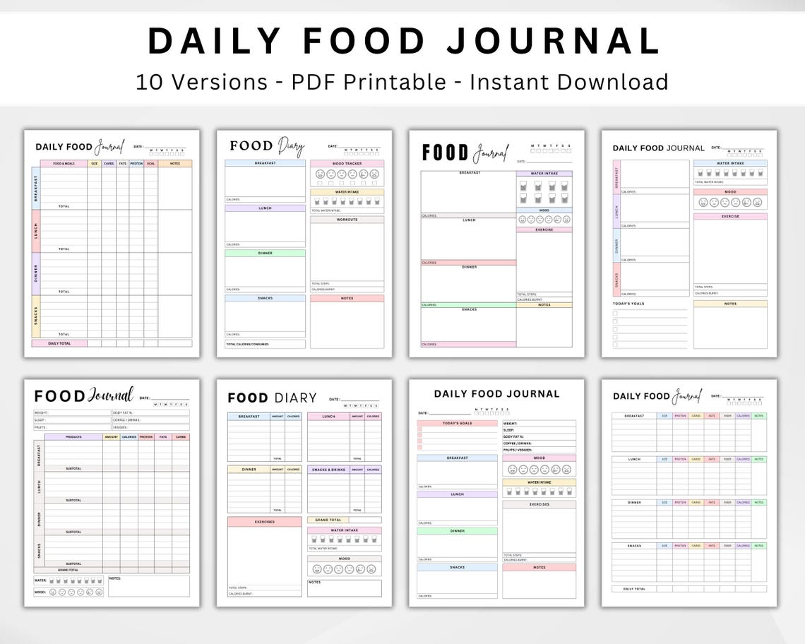 10 Food Diary. Daily Food Journal. Calorie Tracker. Daily Calorie ...