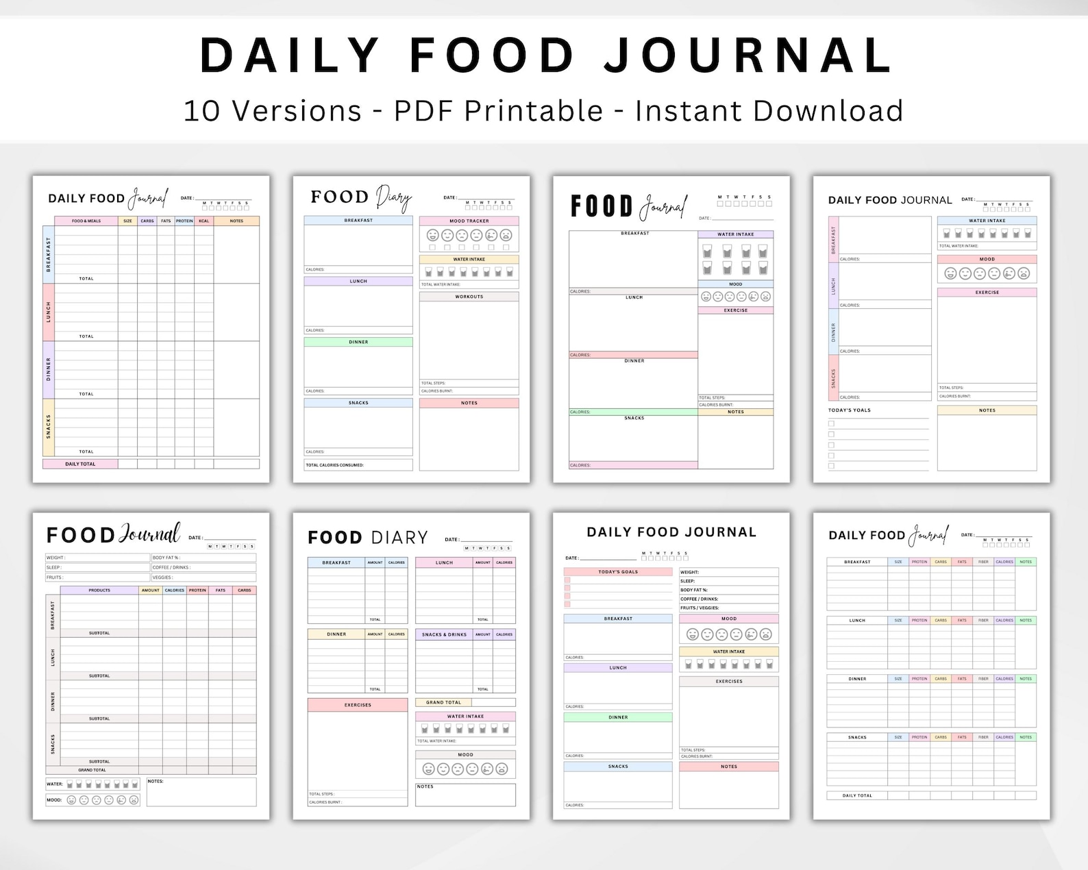 10 Food Diary. Daily Food Journal. Calorie Tracker. Daily Calorie ...