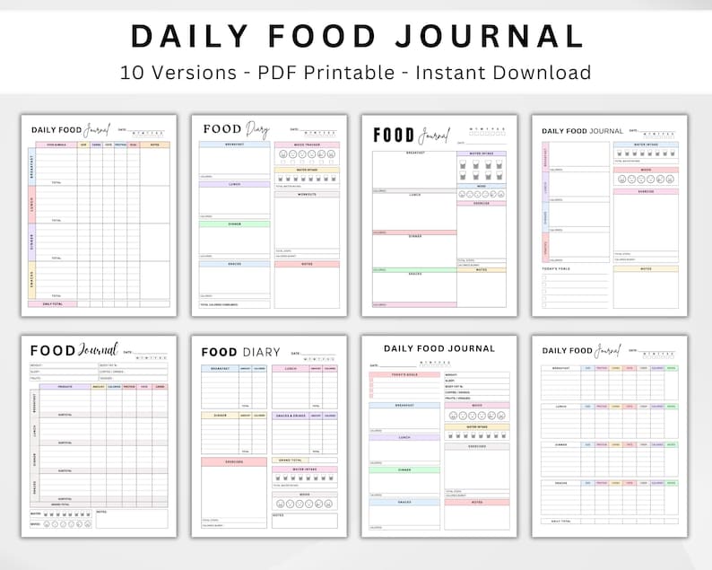 10 Food Diary. Daily Food Journal. Calorie Tracker. Daily Calorie ...