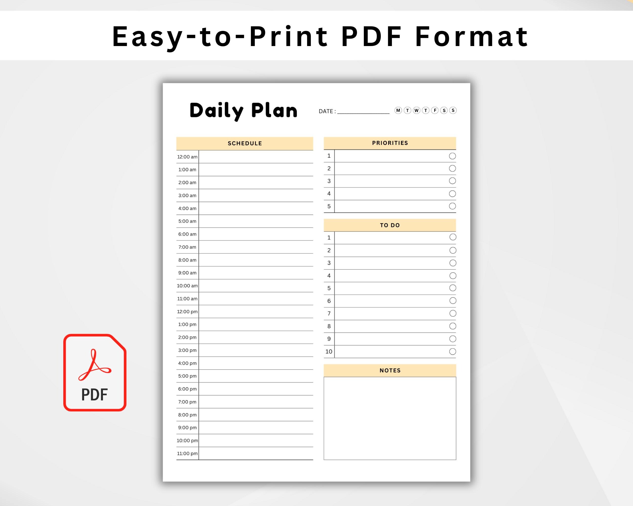 24 Hour Daily Planner Printable. Hourly Planner Undated. Time Blocking ...