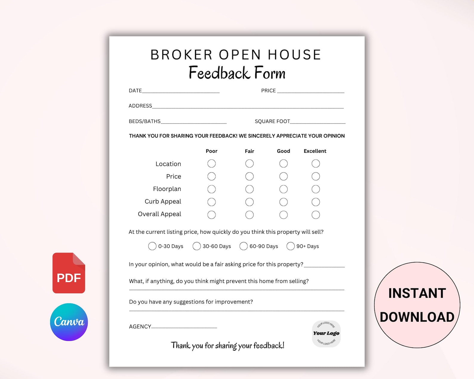 EDITABLE Broker Open House Feedback Form. Printable Real Estate Agent ...