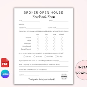 EDITABLE Broker Open House Feedback Form. Printable Real Estate Agent ...