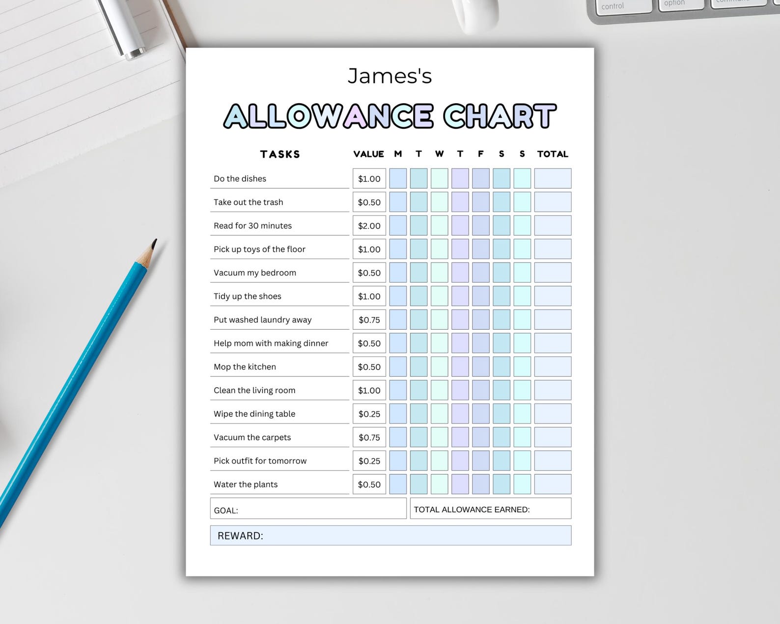 Allowance Chore Chart Printable | Kids Chore & Money Log | Budget Sheet ...