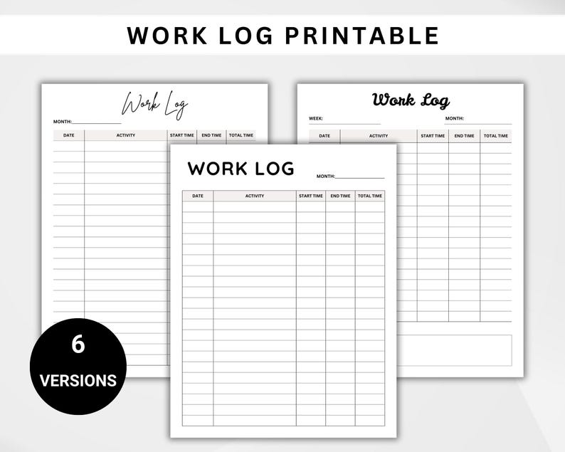 6 Work Log Printable. Time Log. Working Hours Log. Activity Tracker for ...