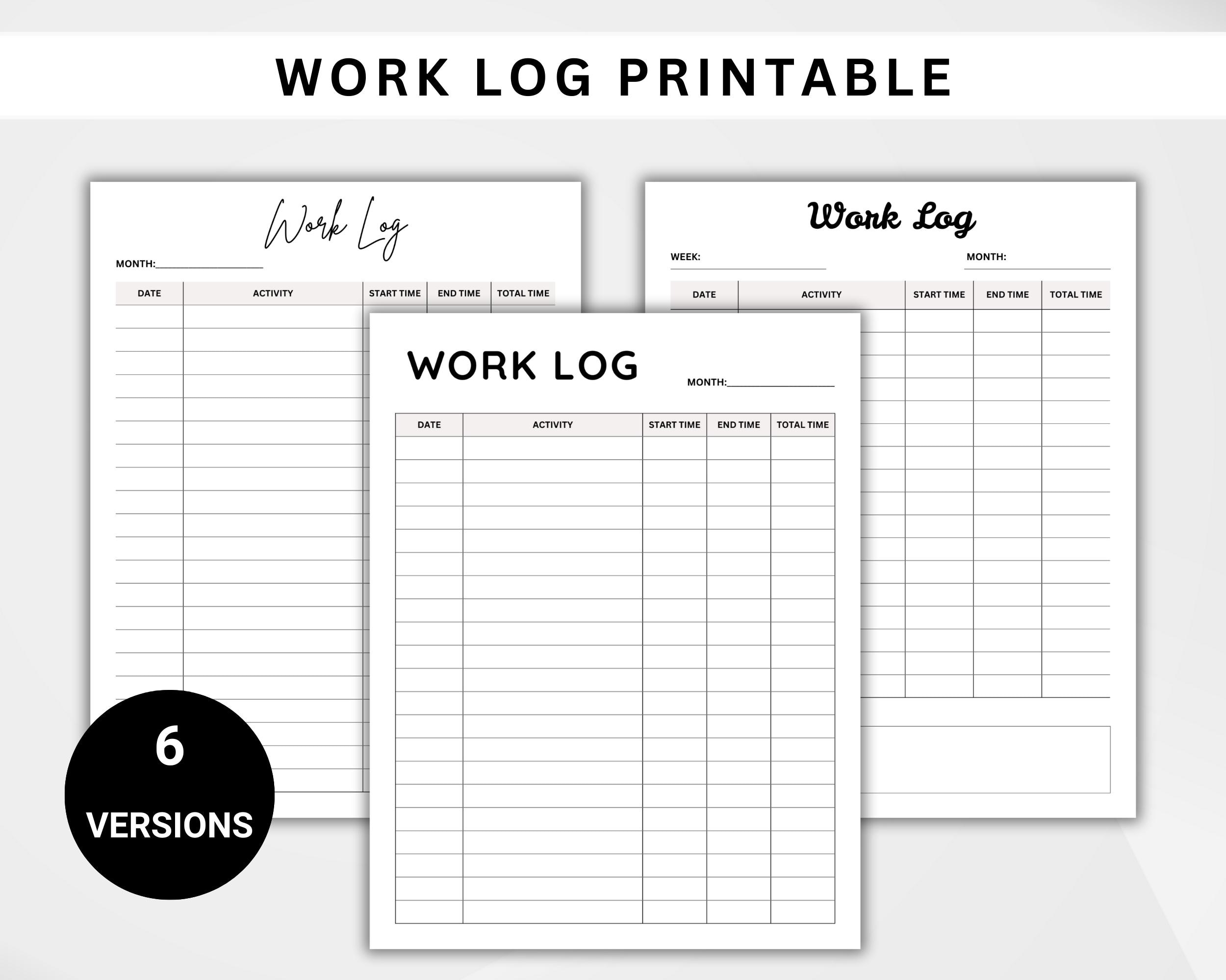 6 Work Log Printable. Time Log. Working Hours Log. Activity Tracker for ...