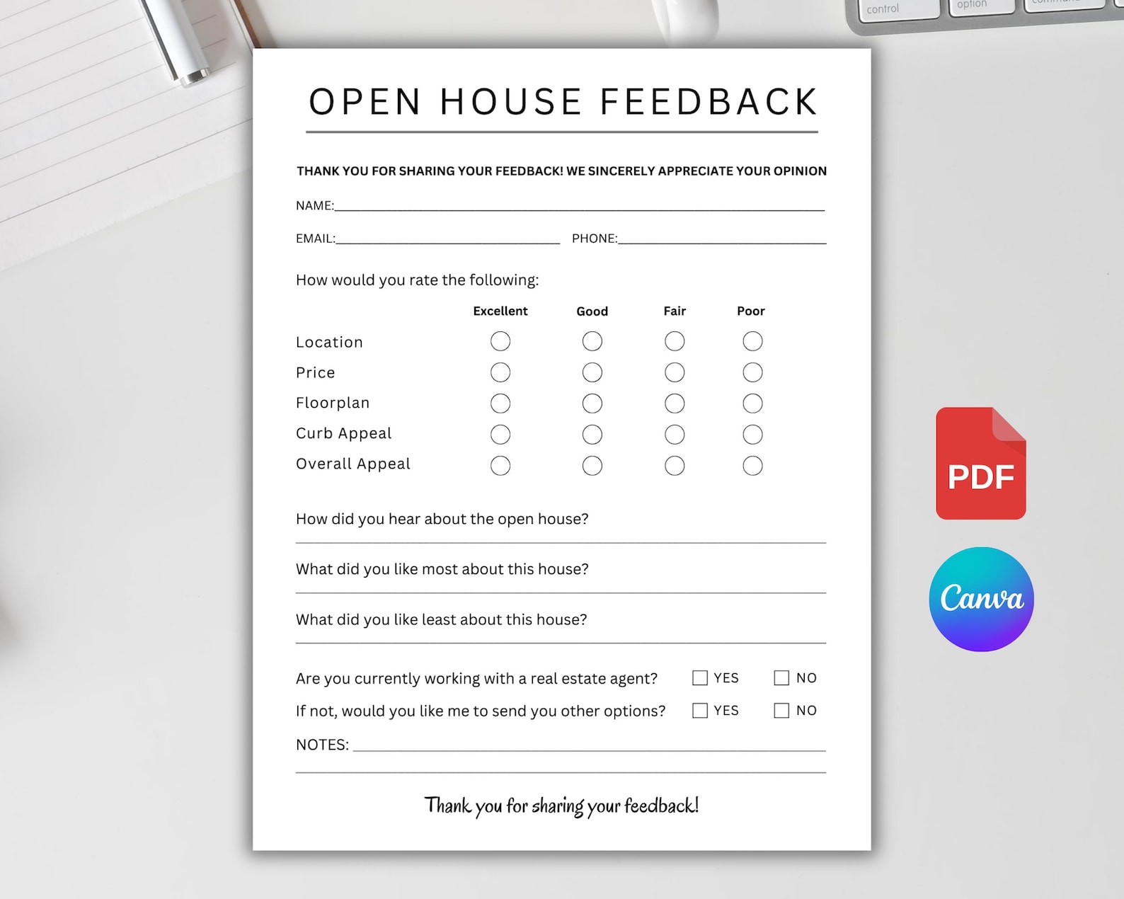 EDITABLE Open House Feedback Form. Printable Real Estate Agent Open ...