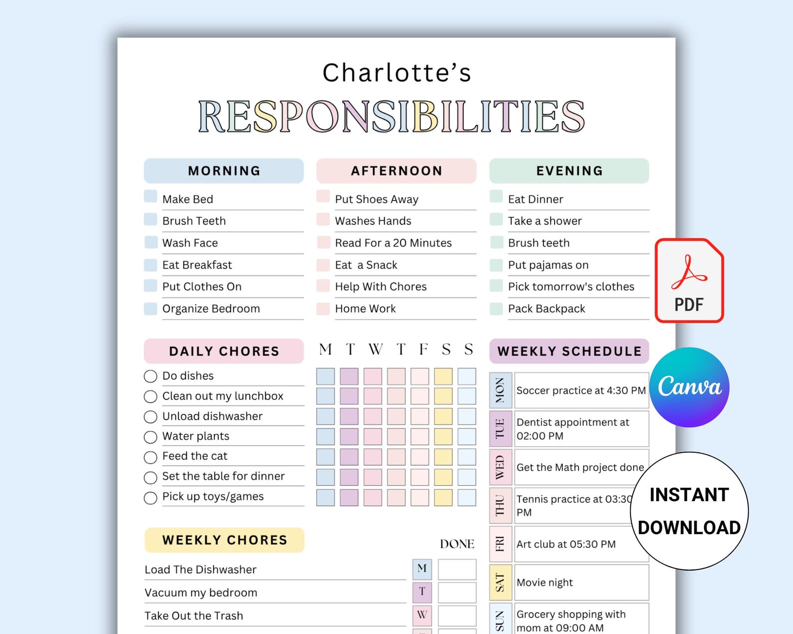 Responsibility Chart for Kids. Weekly Chore Chart Schedule Template ...