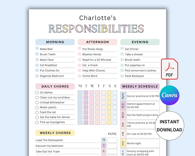 Responsibility Chart for Kids. Weekly Chore Chart Schedule Template ...