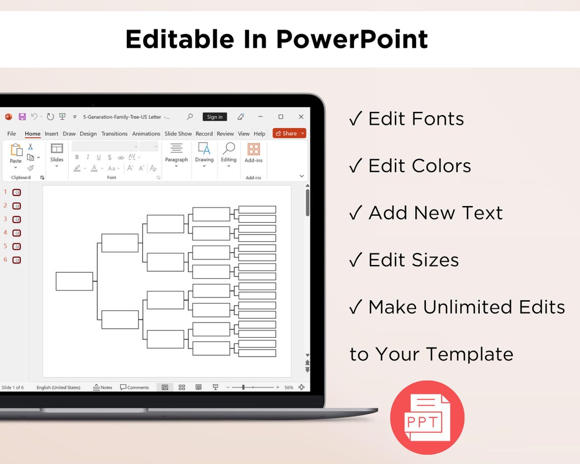Family Tree Chart 5 Generations Printable. Editable Family Tree ...