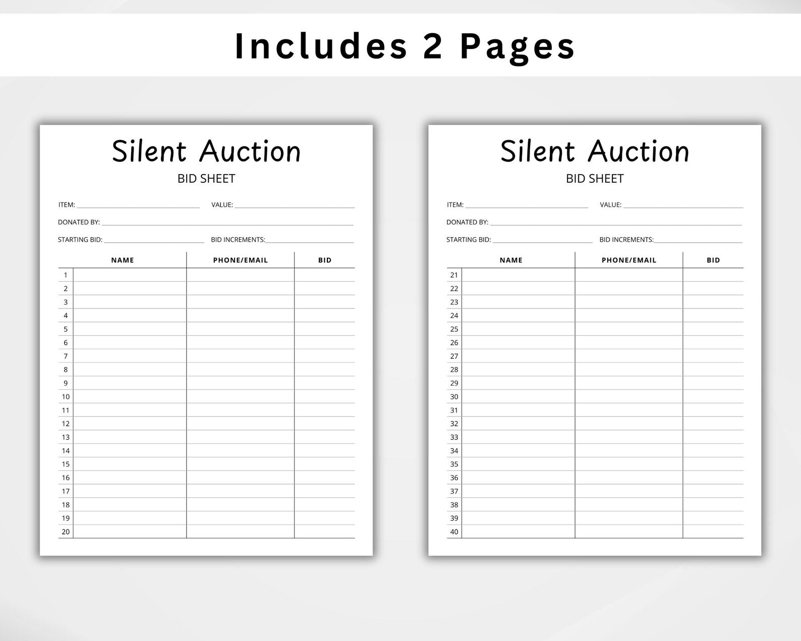 Printable Silent Auction Bid Sheet PDF | Silent Auction Sign up Sheet ...