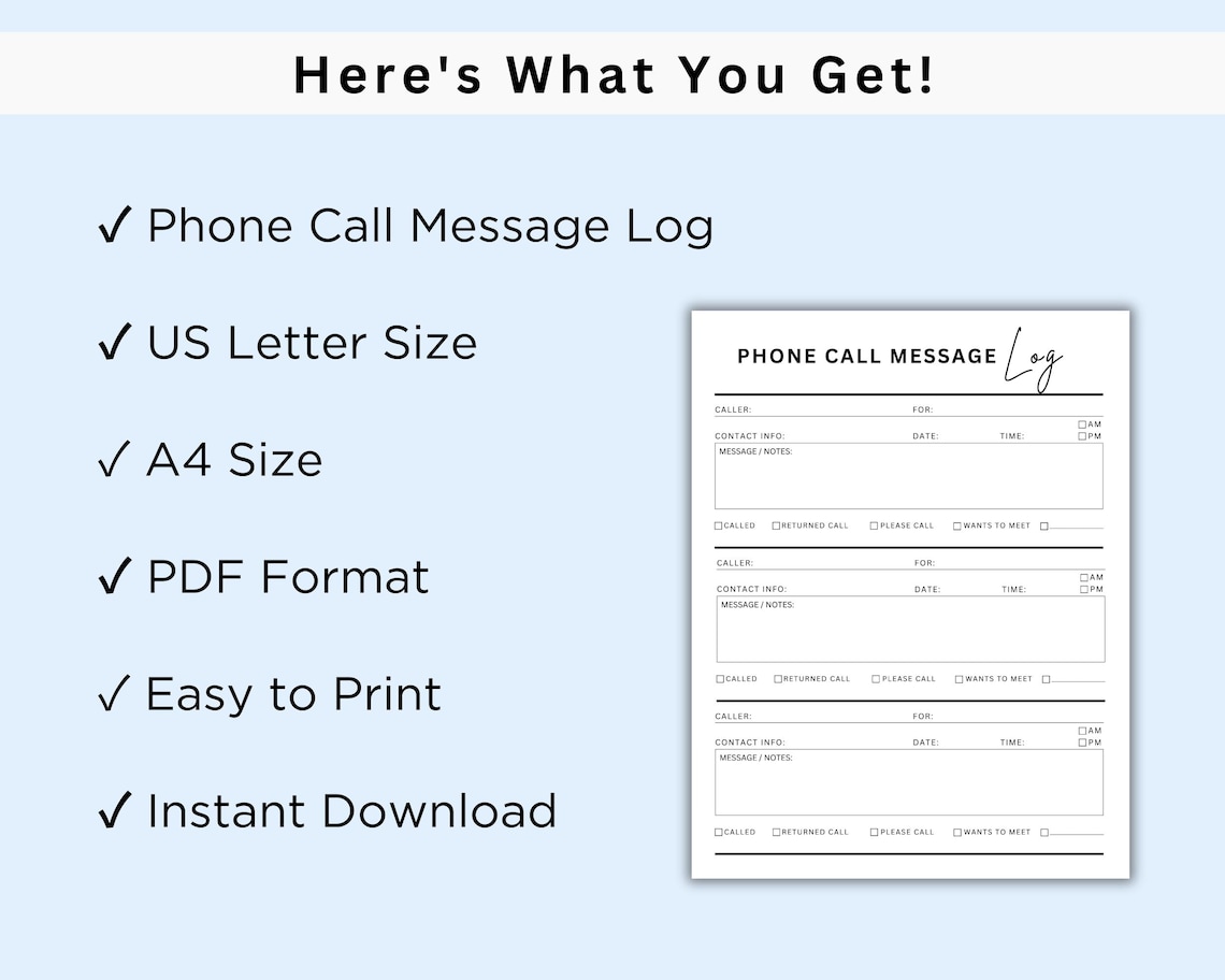 Phone Call Message Log Printable. Telephone Template. Voicemail Tracker ...