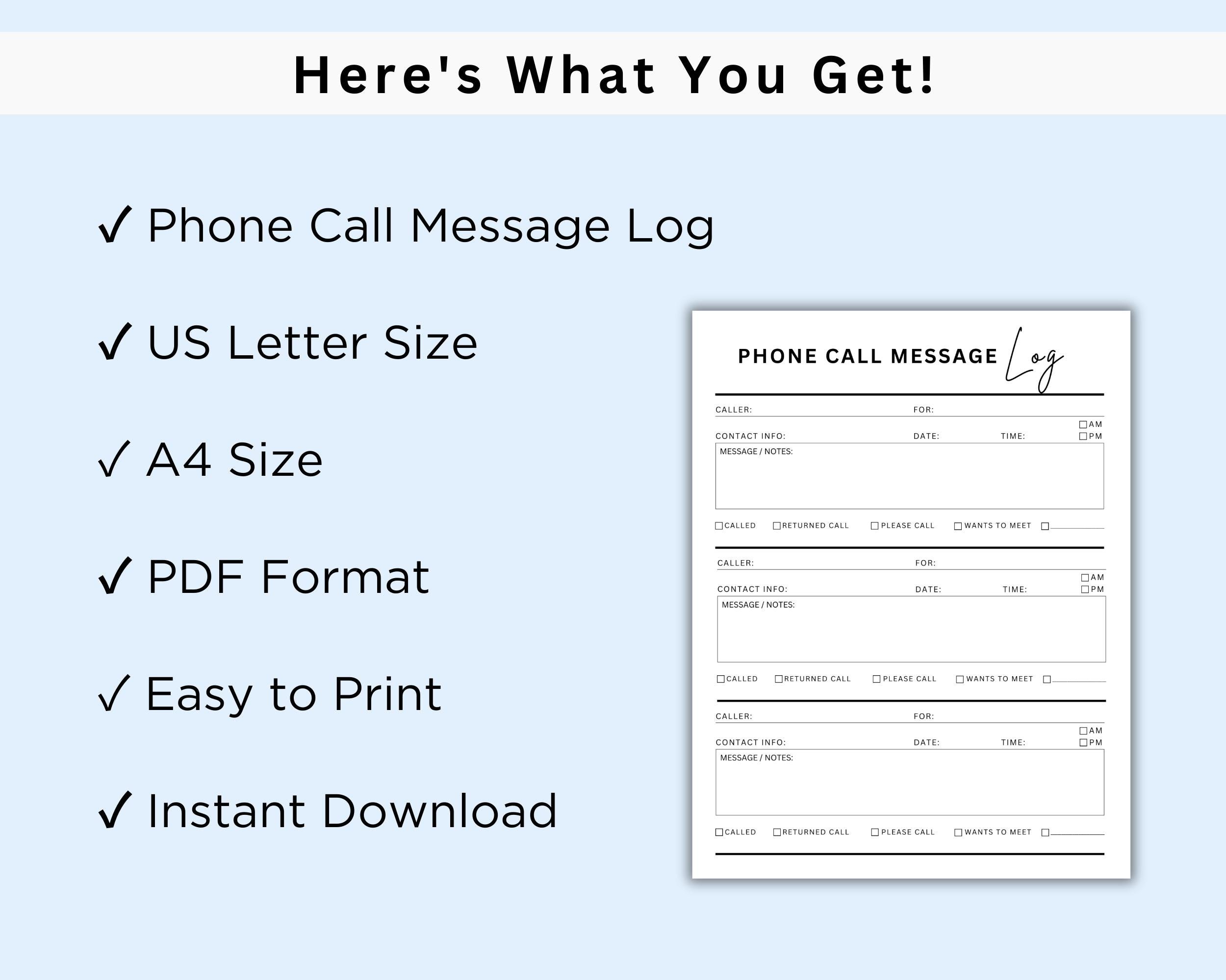 Phone Call Log Printable PDF, Telephone Message Log for Office ...