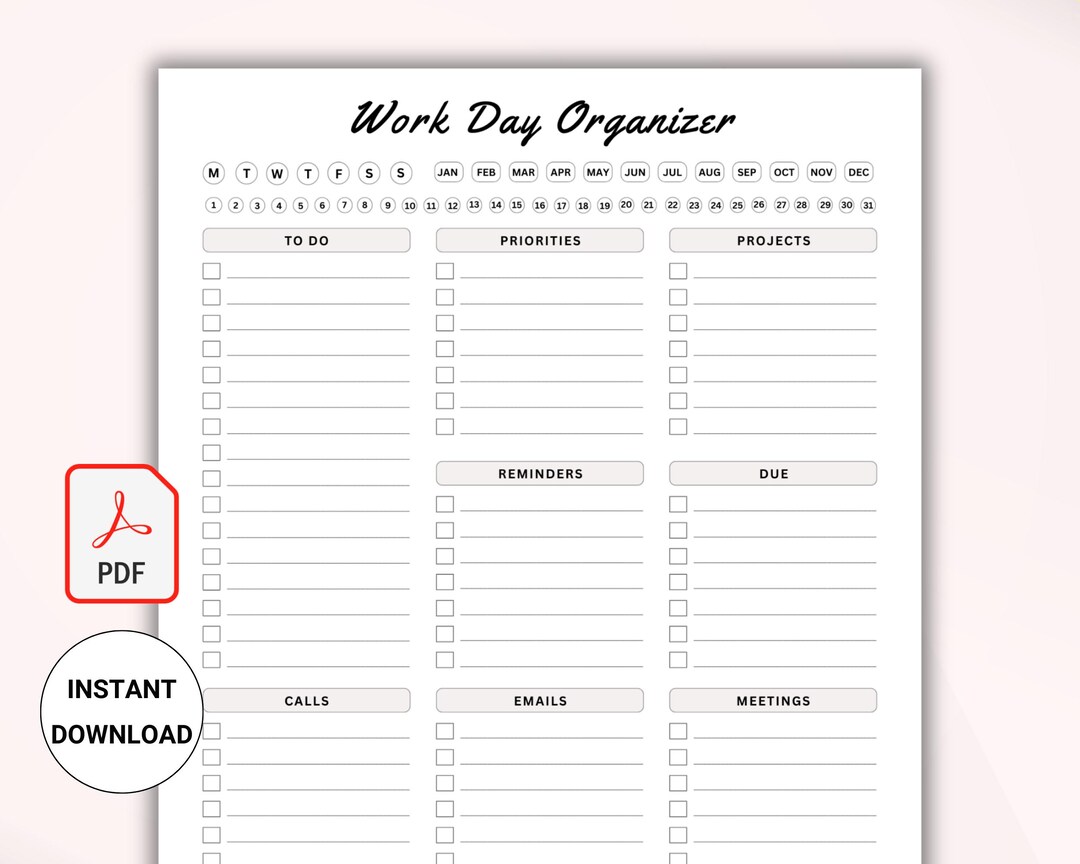 Work Day Organizer PRINTABLE PDF, Work Day Planner, Digital Work ...
