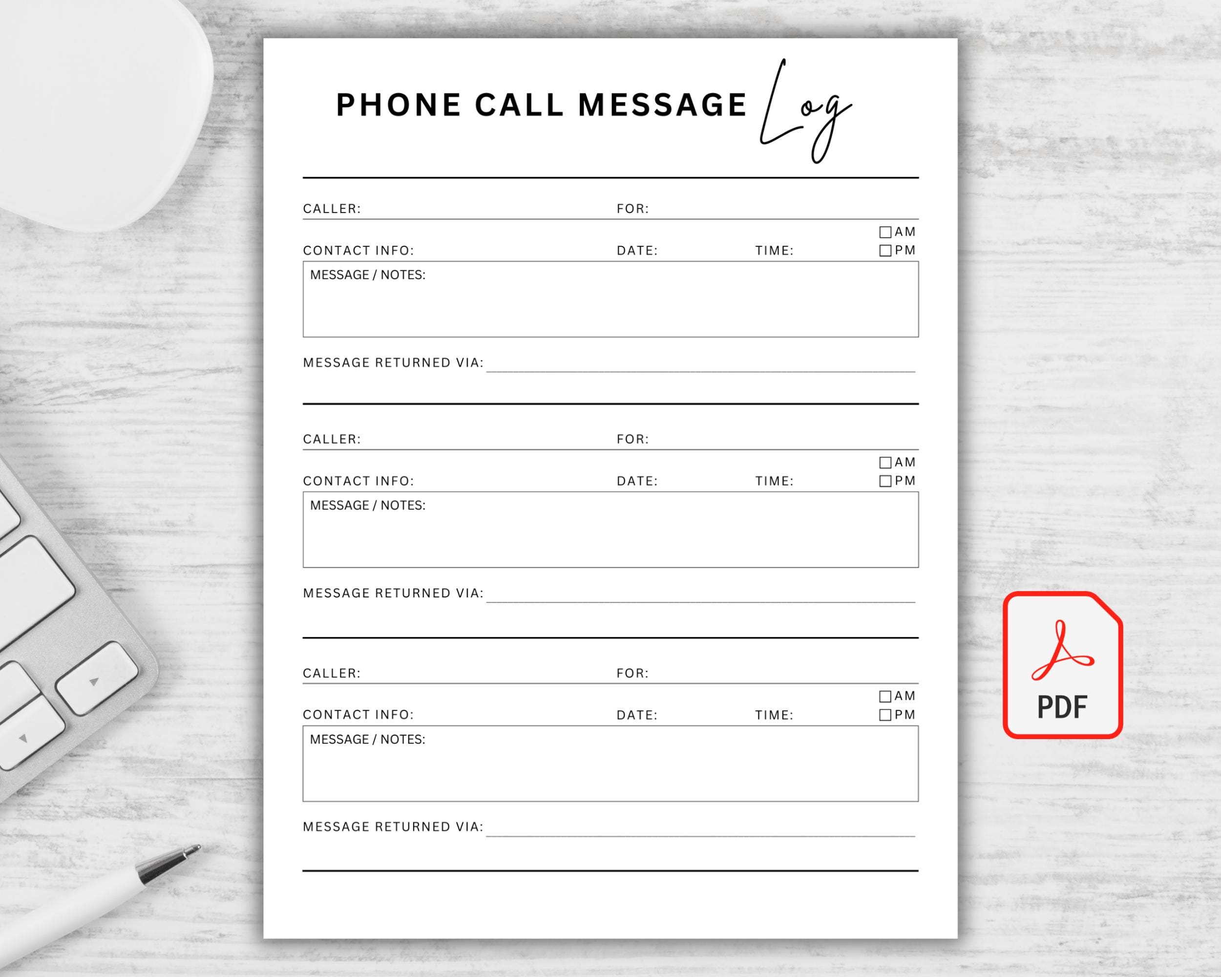 Printable Phone Call Message Log. Phone Log. Message Log. Call Log ...