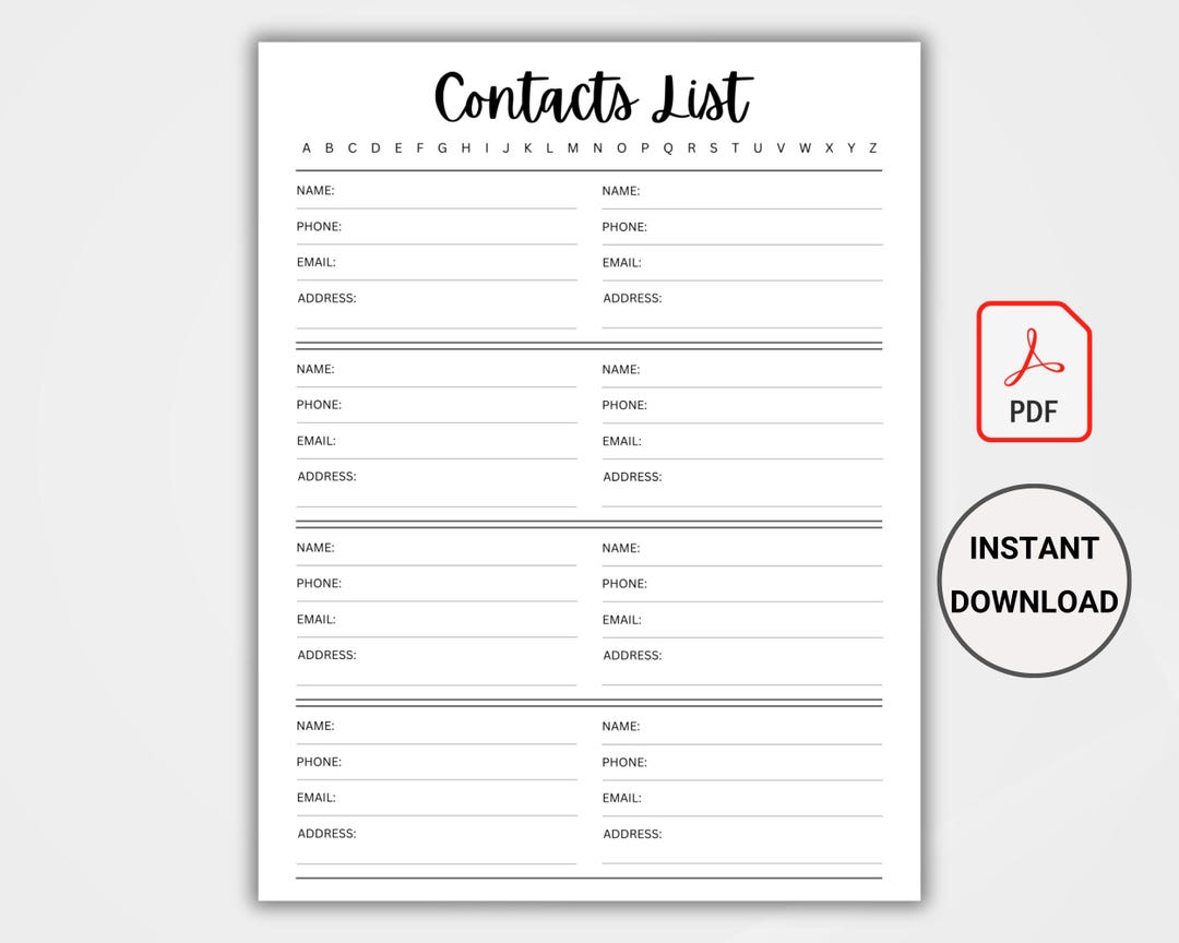 Printable Contacts List | Phone & Address Book Template | Emergency Contact Sheet | Contact ...