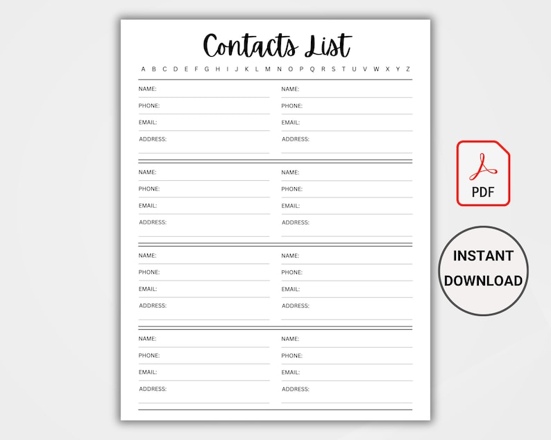 Printable Contact List PDF, Address Book Planner Insert, Client Contact ...