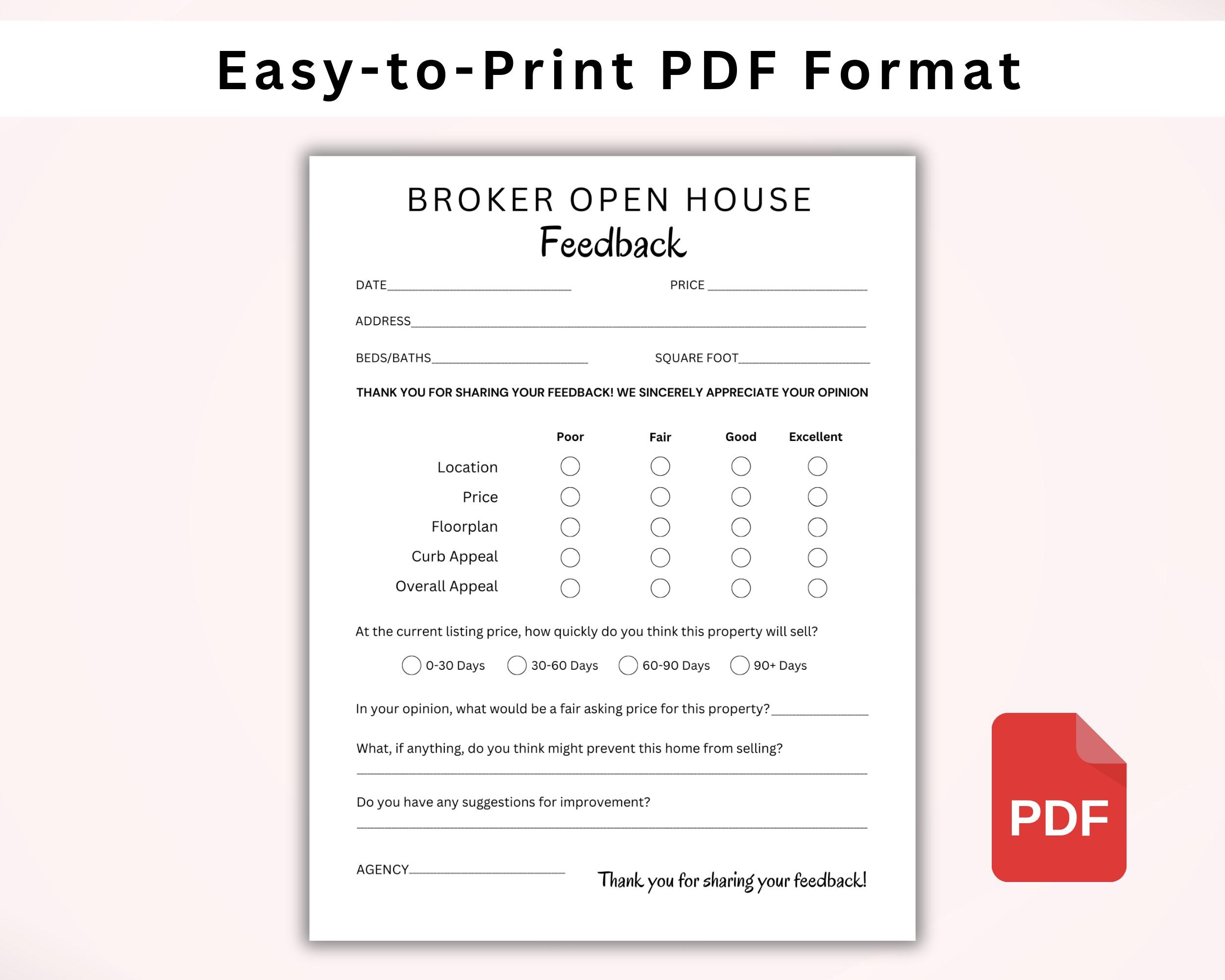 Broker Open House Feedback Form. Real Estate Agent Open House Feedback ...