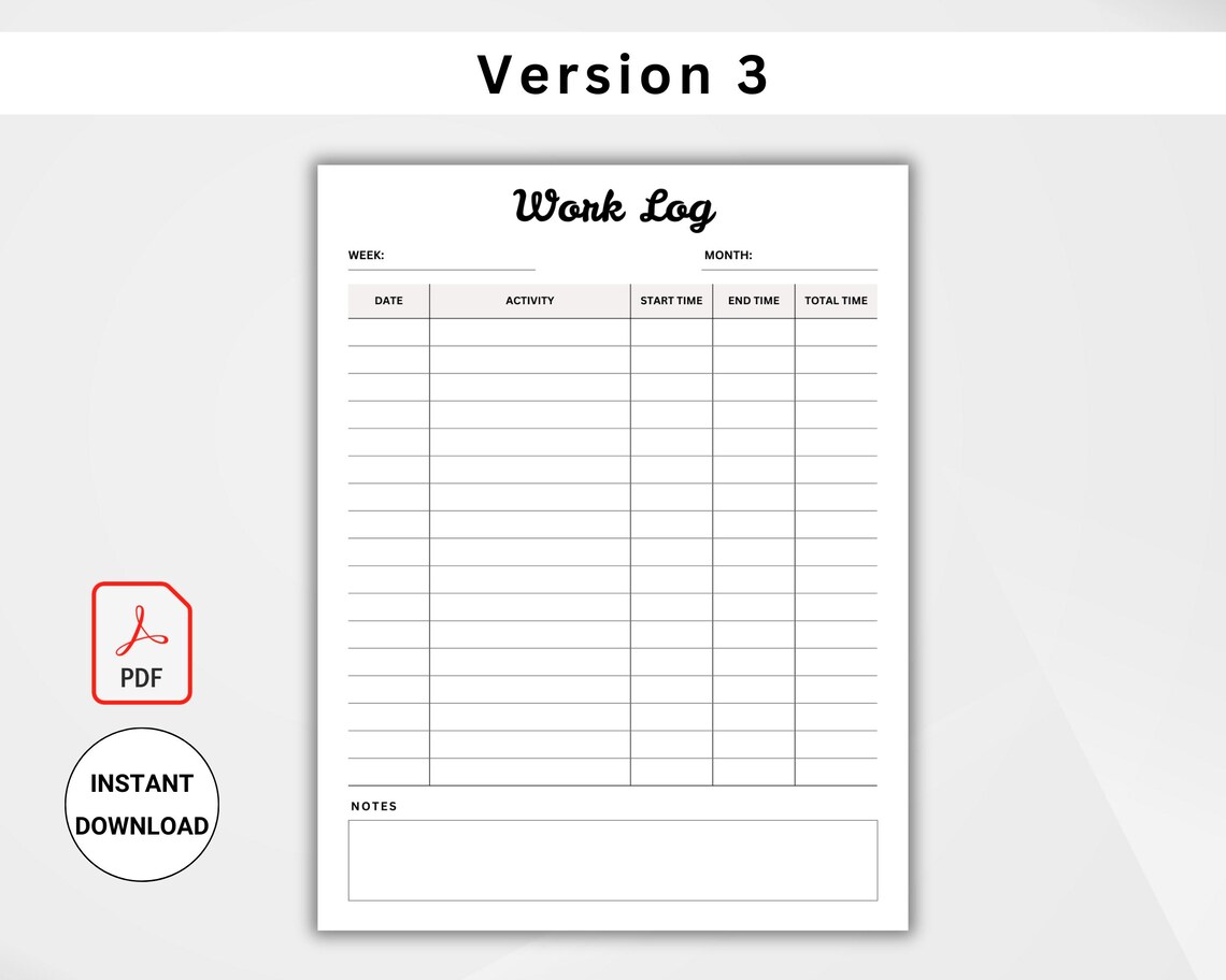 Work Log Printable | Daily Task & Time Tracker | Employee Timesheet ...