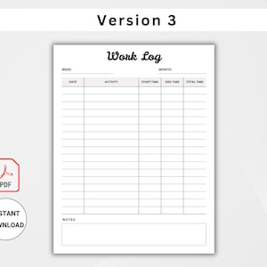 Work Log Printable | Daily Task & Time Tracker | Employee Timesheet ...