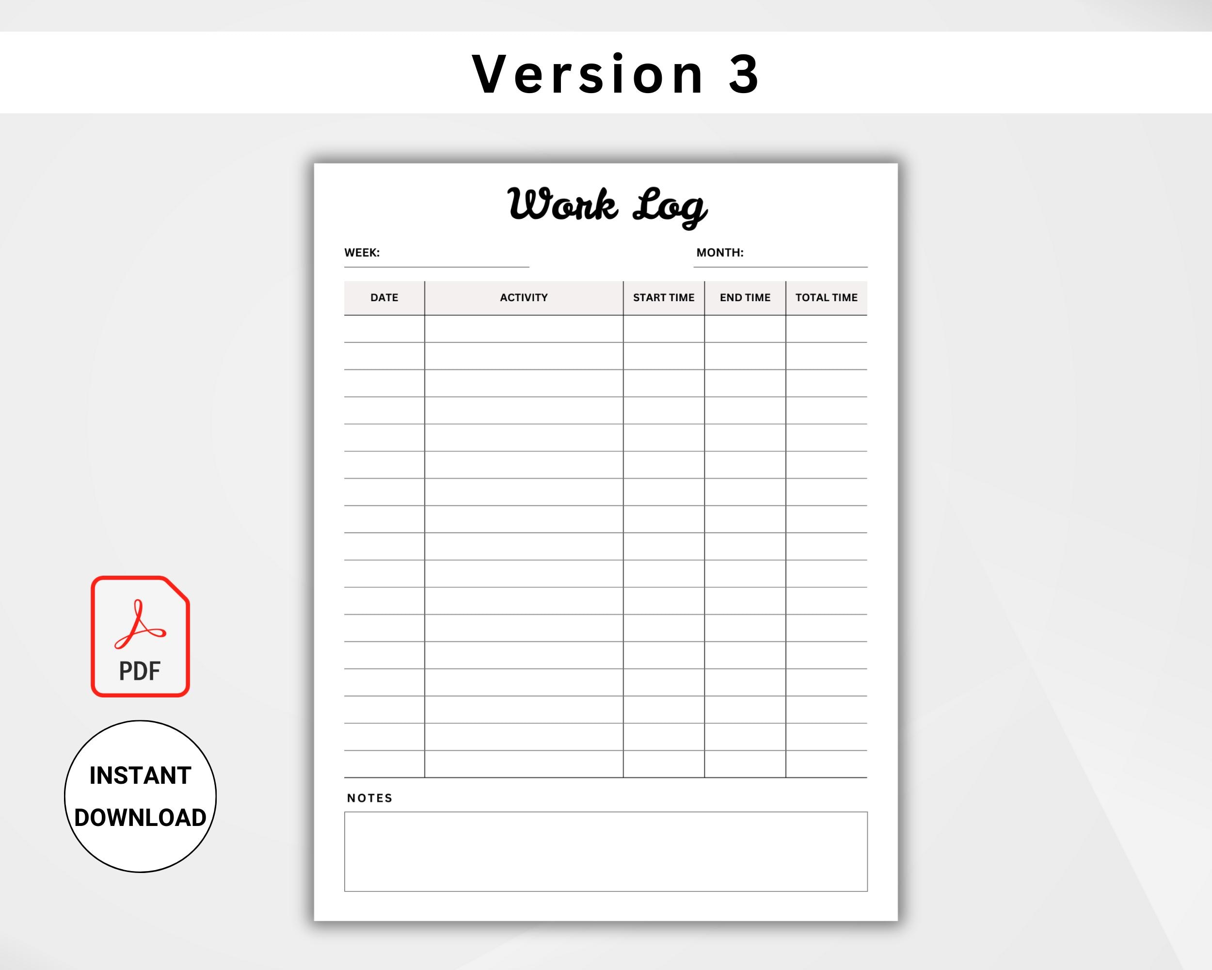 Work Log Printable | Daily Task & Time Tracker | Employee Timesheet ...