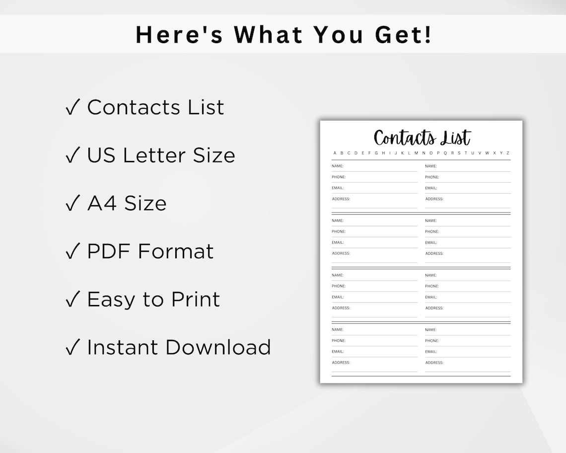4 Contacts List Printable. Contact Information Template. Contact Sheet ...