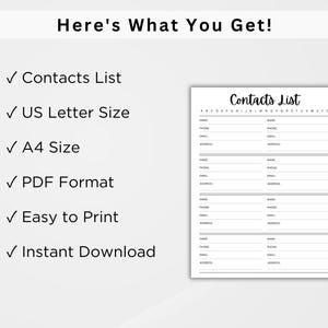 4 Contacts List Printable. Contact Information Template. Contact Sheet ...
