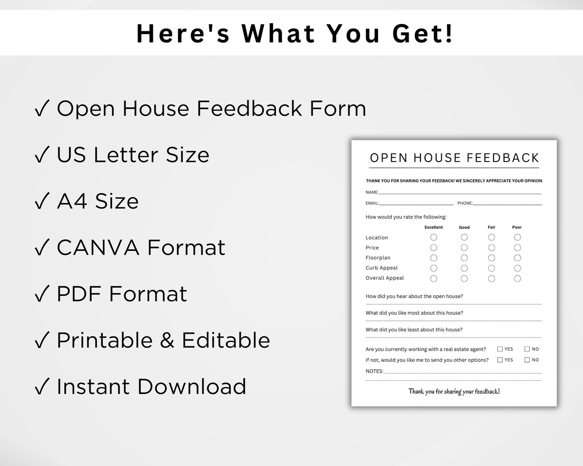EDITABLE Open House Feedback Form. Printable Real Estate Agent Open ...