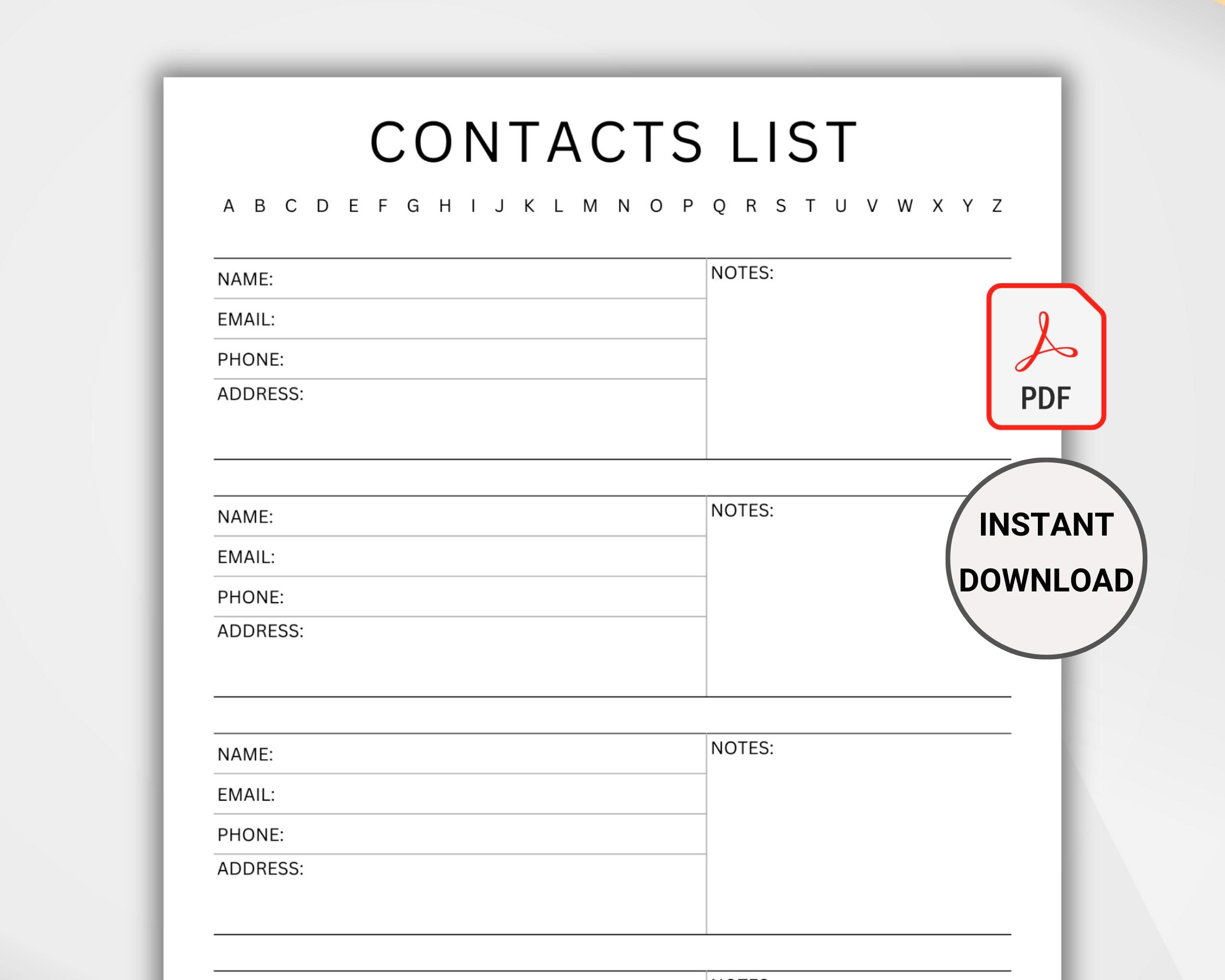 Contacts List Printable | Phone & Address Organizer | Personal Info ...