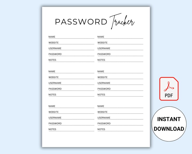 Password Log. Printable Password Tracker. Address Book. Password Keeper Sheet. Password Journal ...