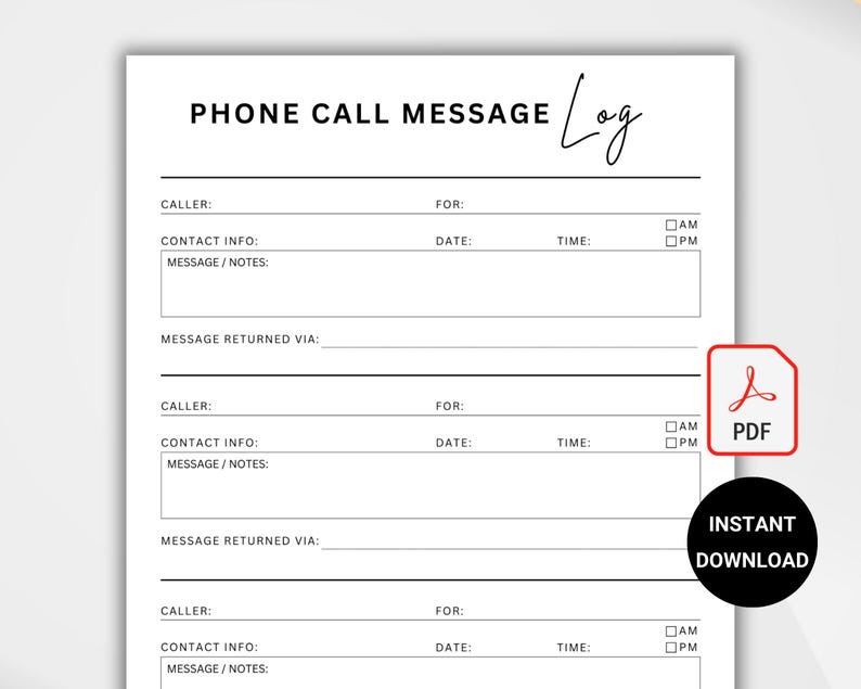 Printable Phone Call Message Log. Phone Log. Message Log. Call Log ...