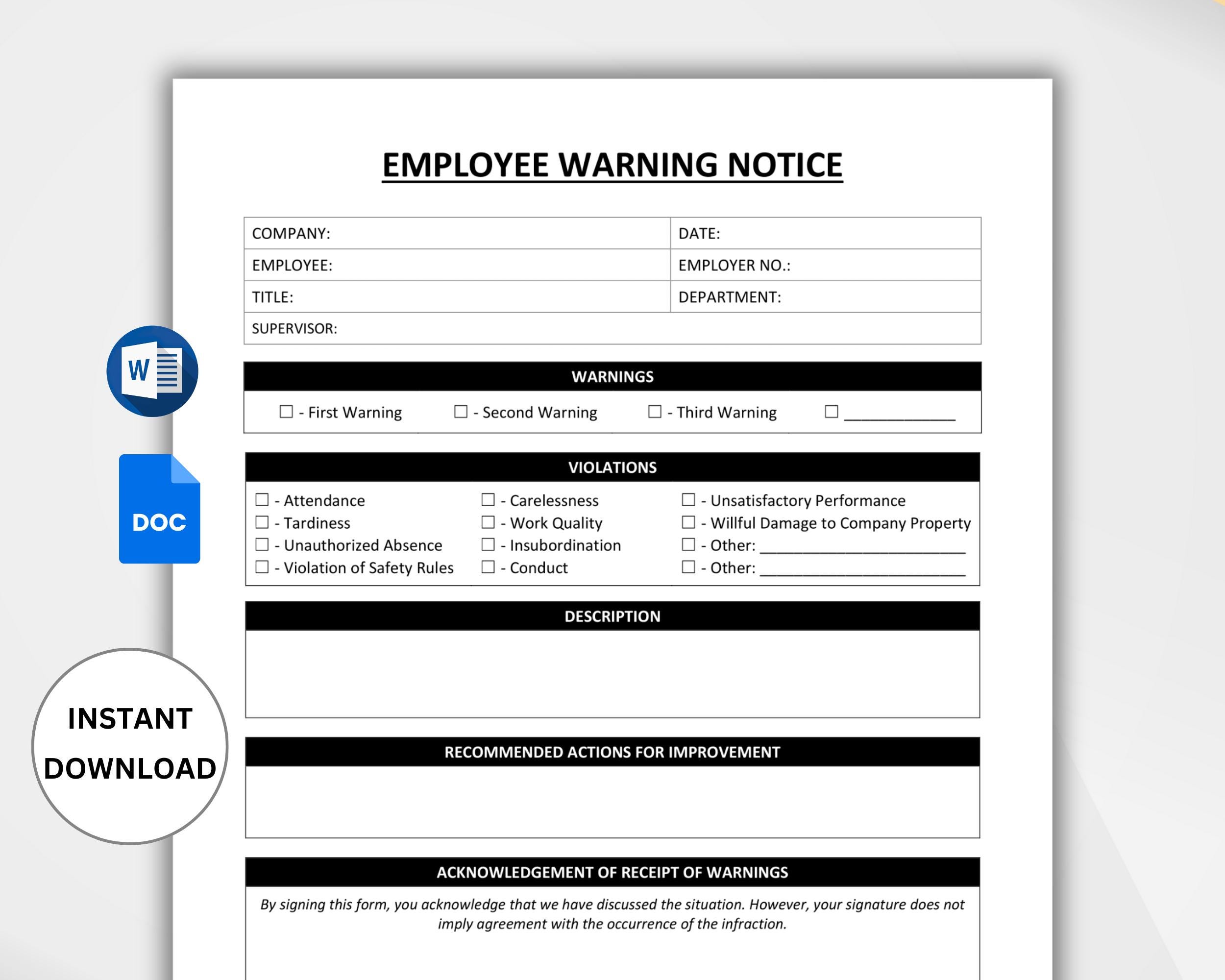 Employee Warning Notice Editable, Employee Write up & Discipline Form ...