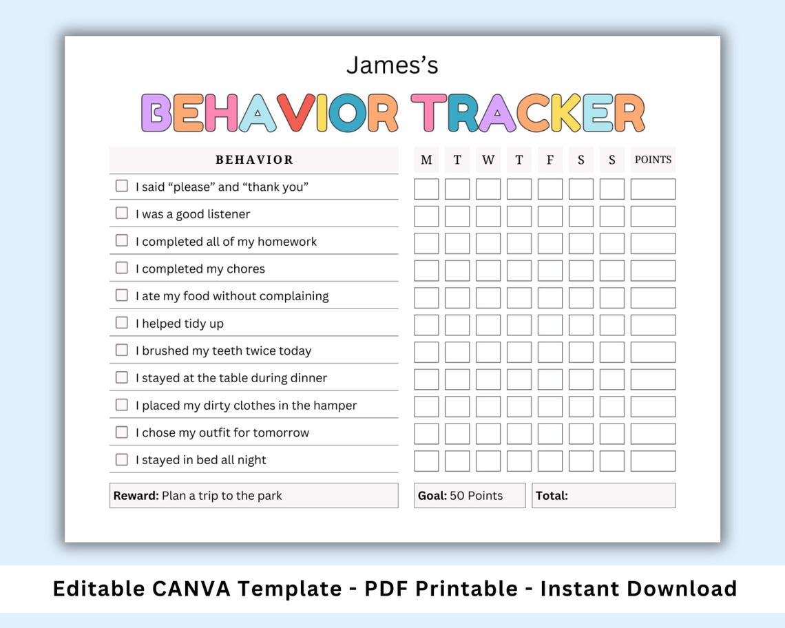 Behavior Tracker for Kids Printable. Good Behavior Chart. Behavior ...