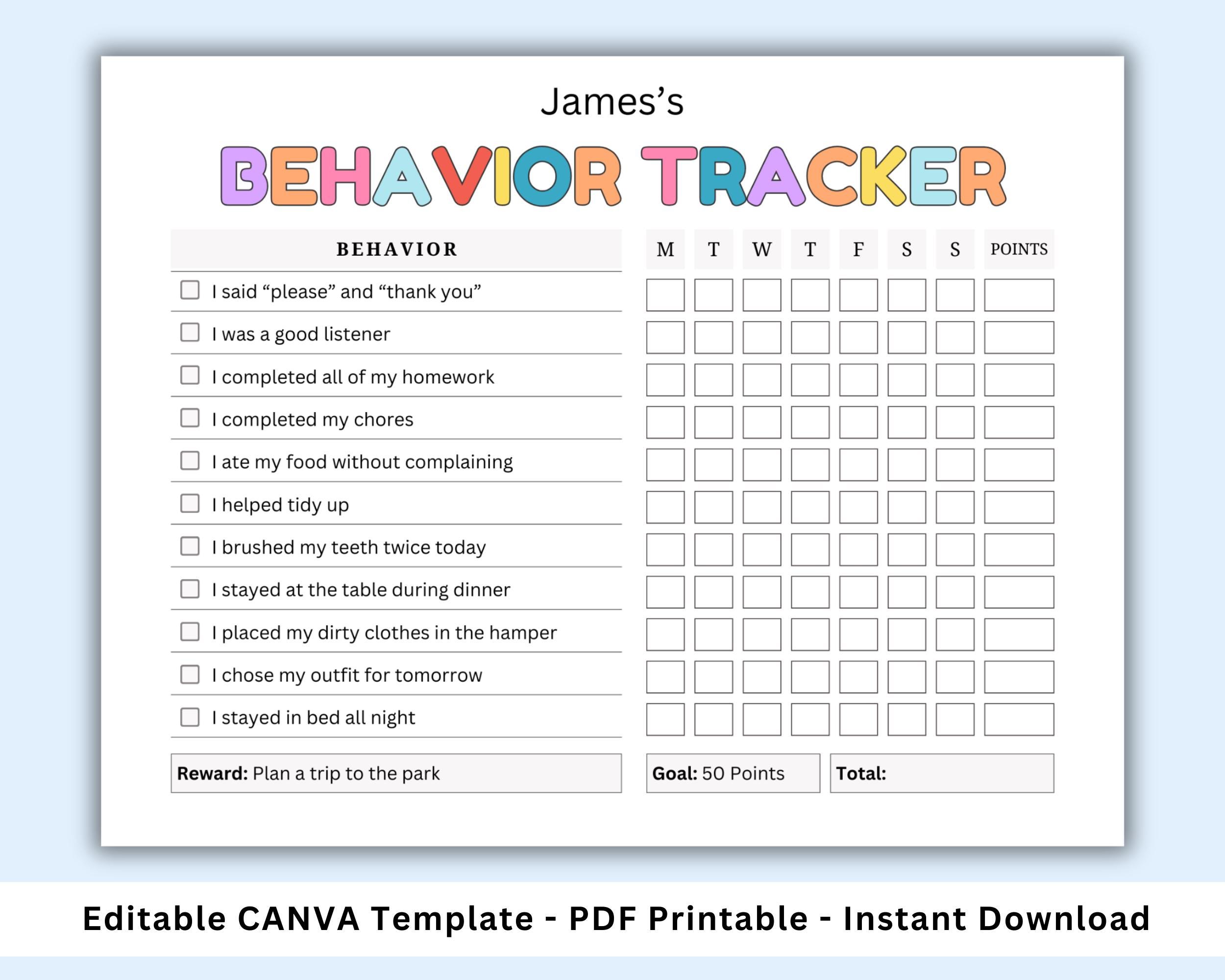 Behavior Tracker for Kids Printable. Good Behavior Chart. Behavior ...