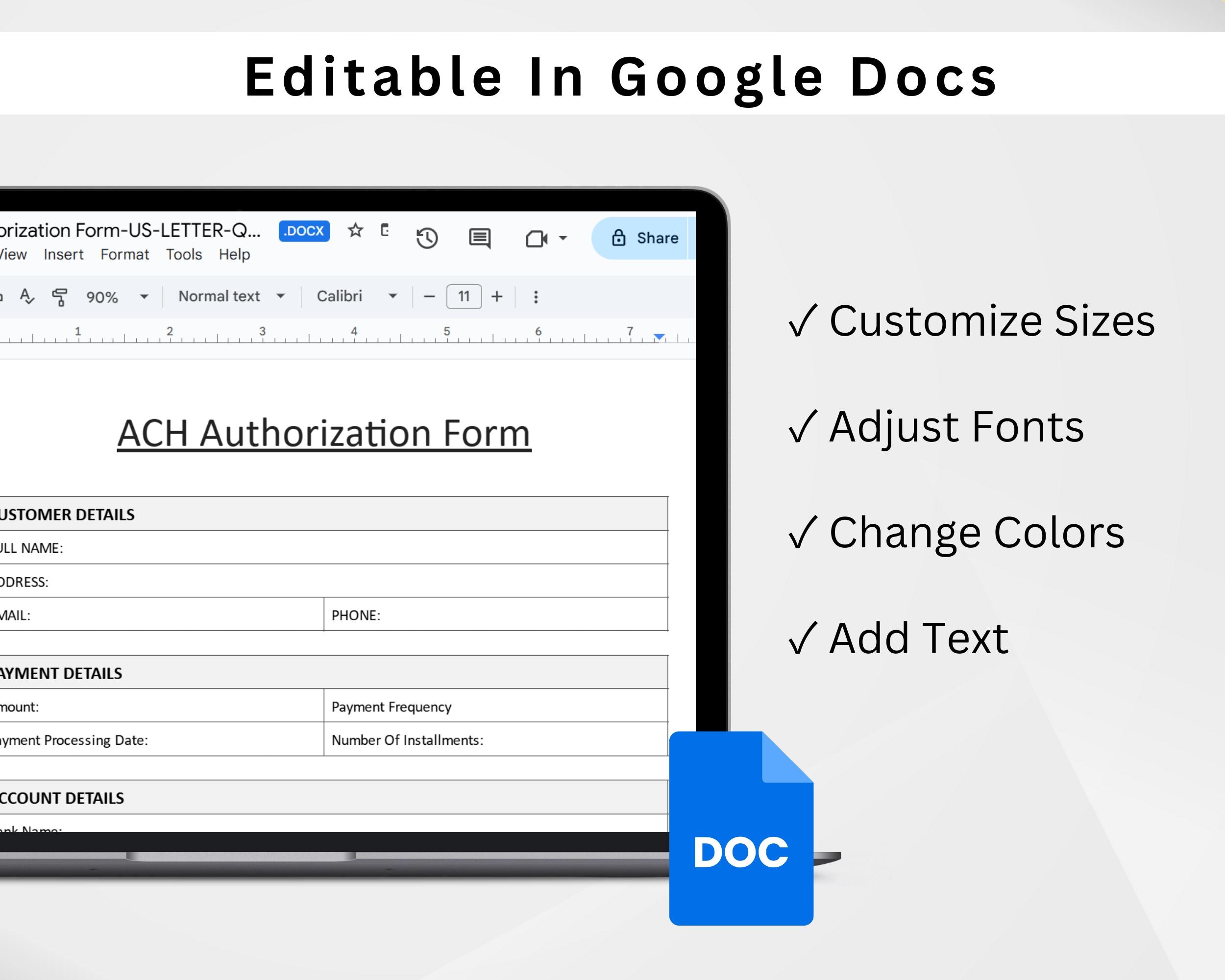 ACH Authorization Form Template. Editable Debit Authorization for ...