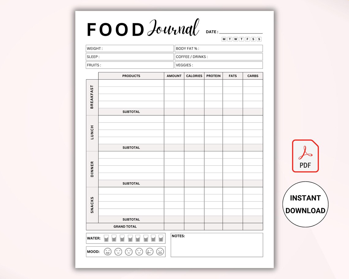 Daily Food Diary. Food Journal. Daily Calorie Tracker. Calorie Counting ...