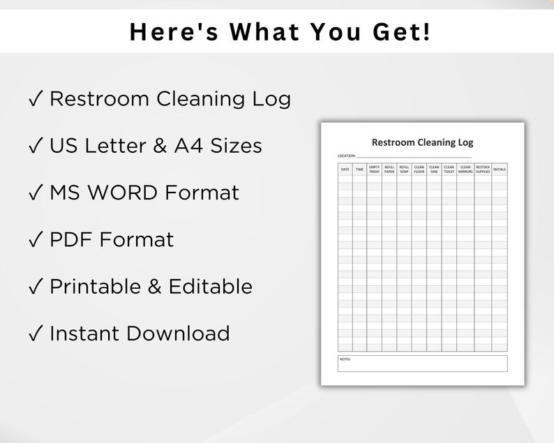 EDITABLE Restroom Cleaning Log for Business. Bathroom Cleaning Log ...