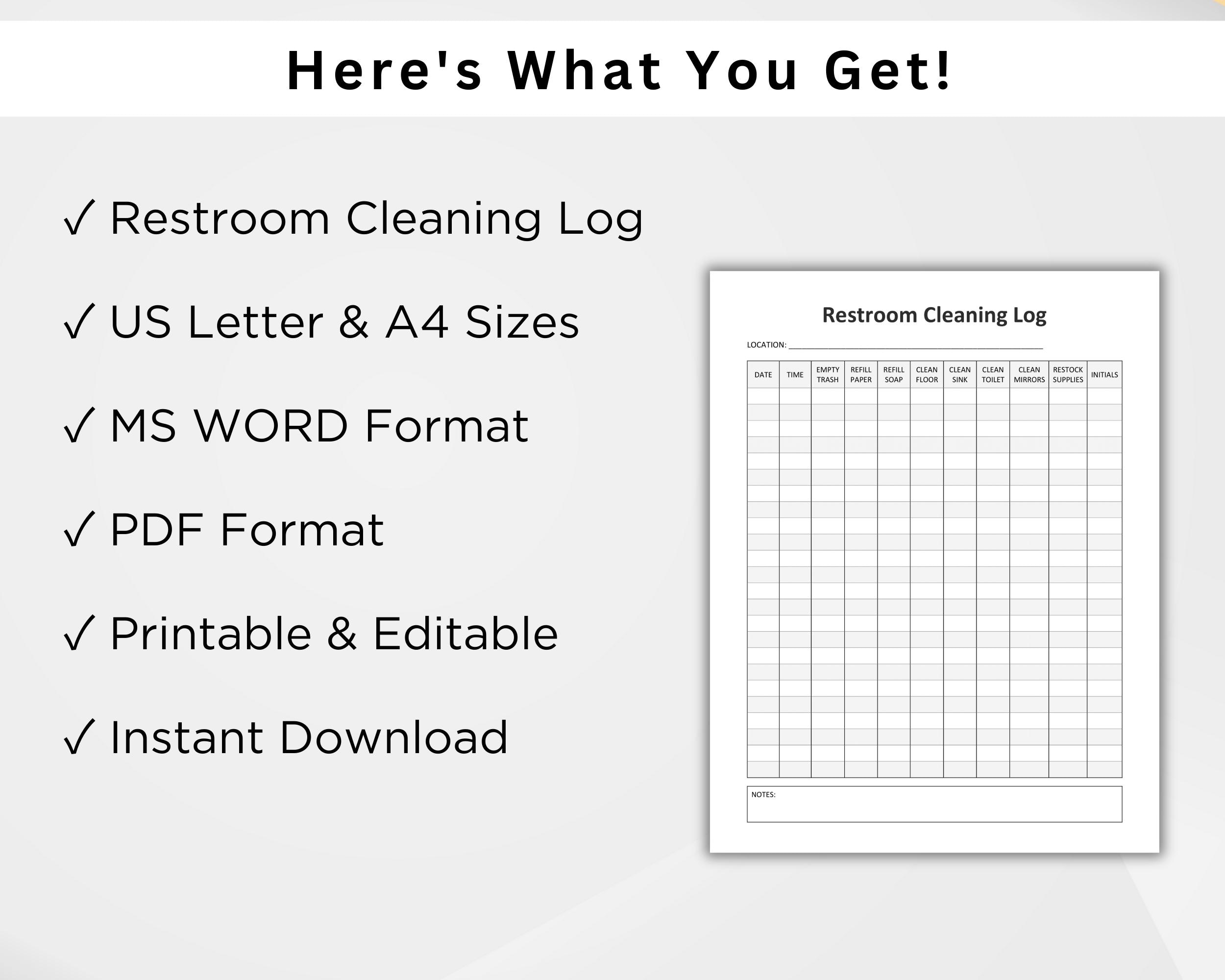 EDITABLE Restroom Cleaning Log for Business. Bathroom Cleaning Log ...