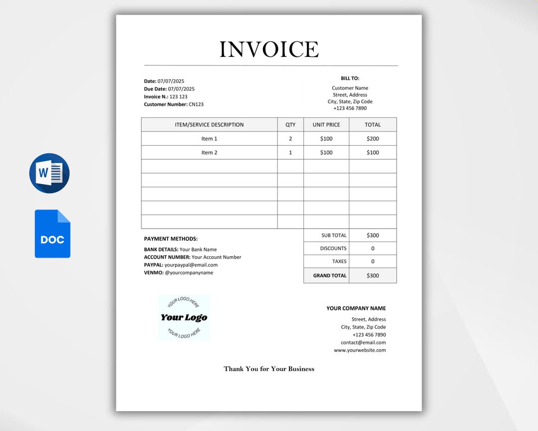 EDITABLE Invoice Template. Printable Custom Invoice Form. Business ...