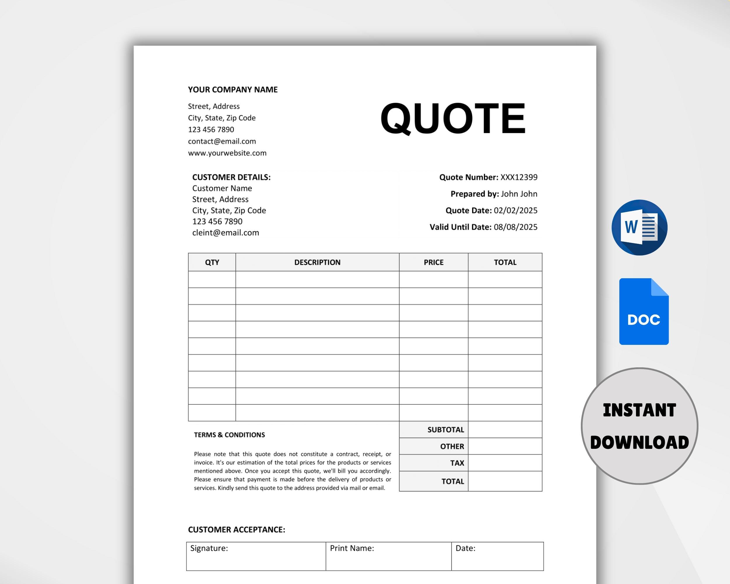 Quote Template. Quote Form. Job Quote. Job Proposal. Editable Quotation ...