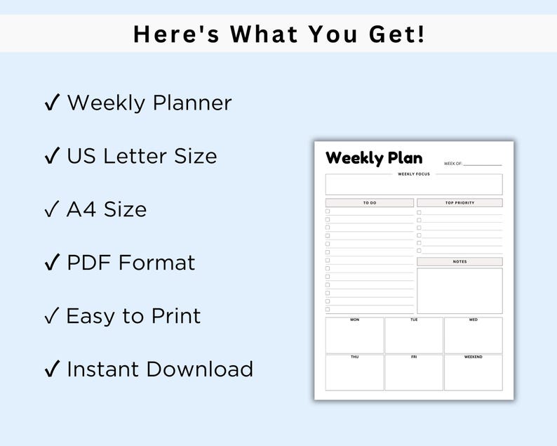 PRINTABLE Weekly Plan. Undated Planner. Weekly to Do List Planner ...