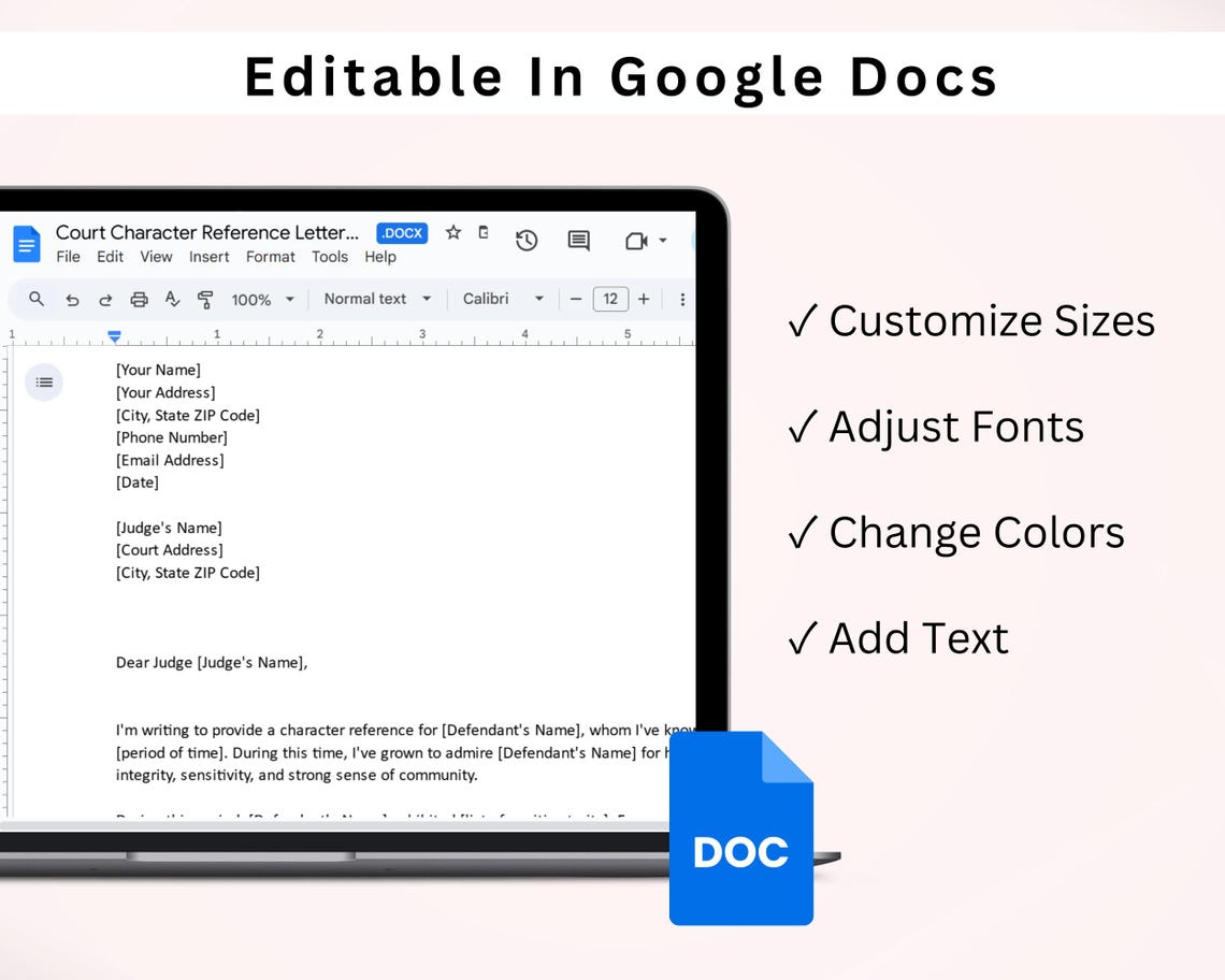 Editable Court Character Reference. Character Letter. Letter to Judge ...