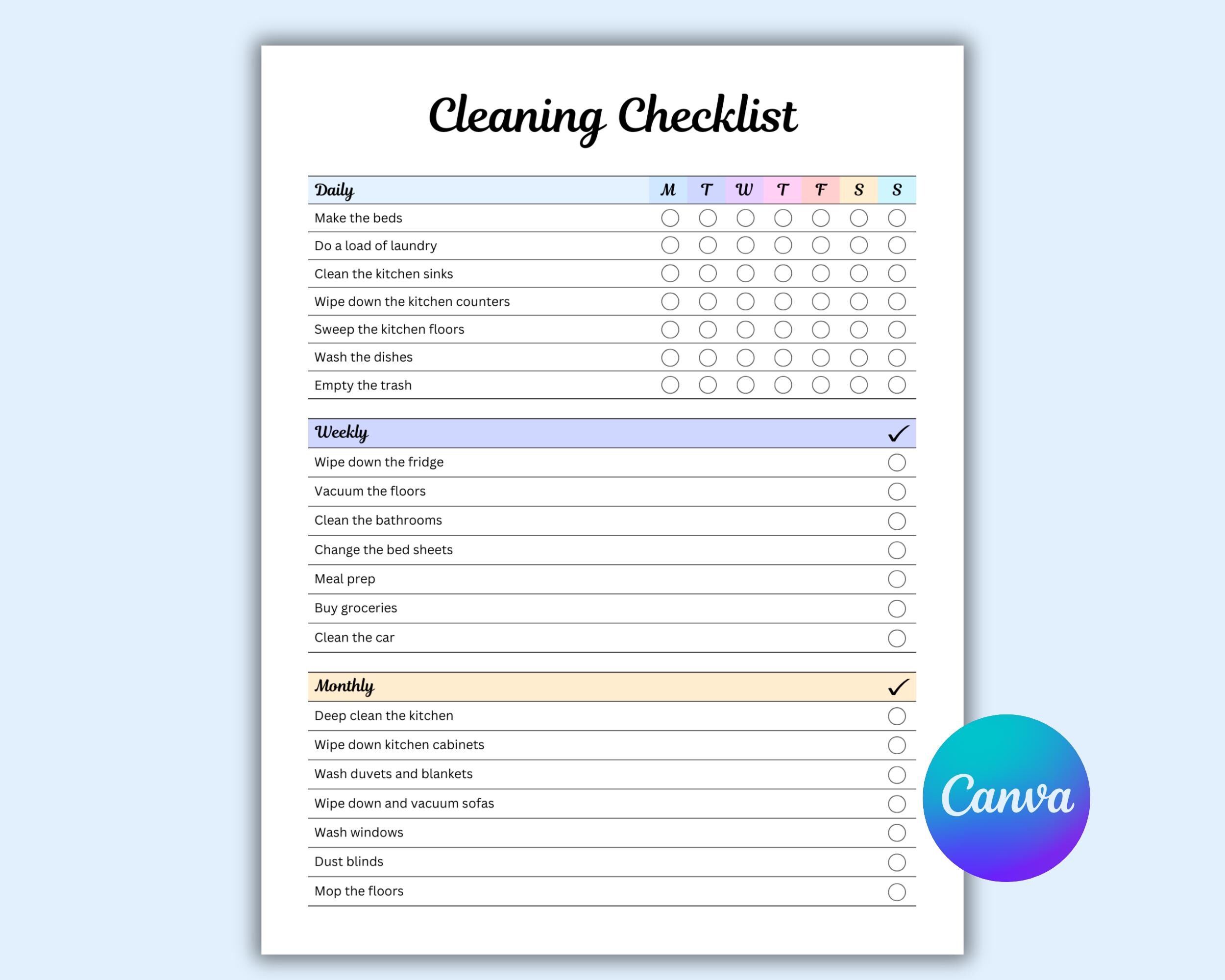 EDITABLE Weekly Cleaning Checklist. Cleaning Schedule. Printable ...